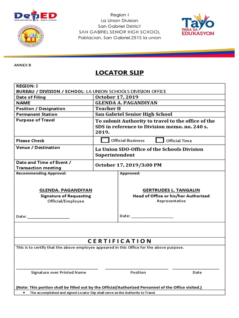 Locator Slip: Official Time Official Business | PDF