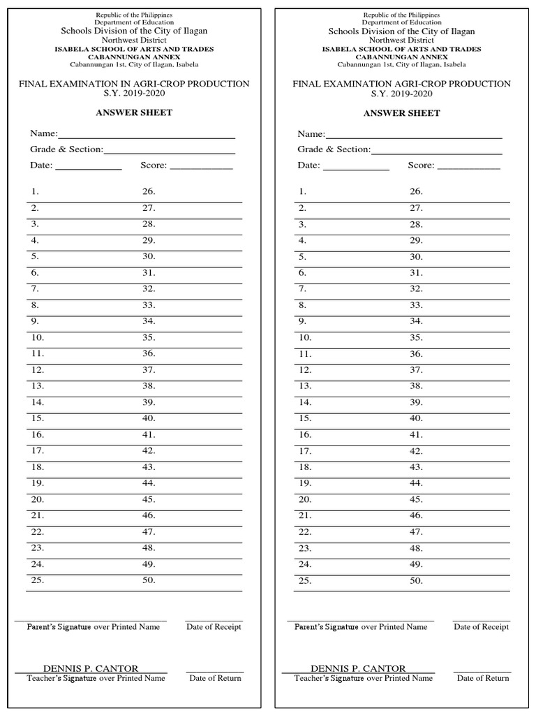 Answer Sheet Answer Sheet: Schools Division of The City of Ilagan ...