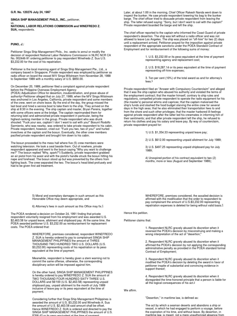 (h4) - Singa Ship Management Phils V NLRC | PDF | Sea Captain | Employment