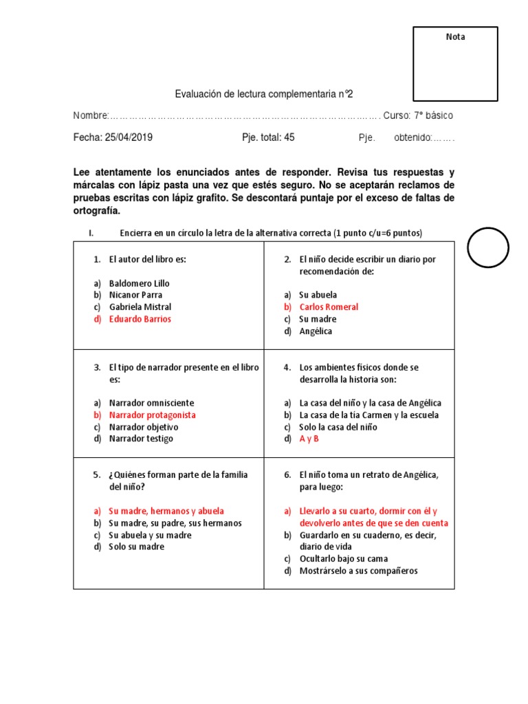 Prueba El Niño Que Enloquecio de Amor - Corrección | PDF