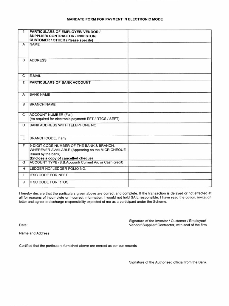 Mandate Form for Payment in Electronic Mode: Instructions and Details ...