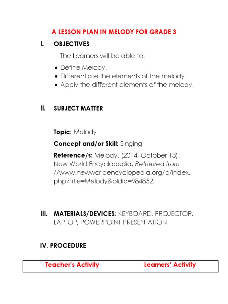 Lesson Plan Melody | PDF | Pitch (Music) | Singing