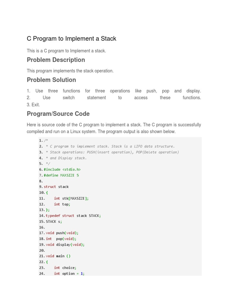 C Program To Implement A Stack: Problem Description | PDF | Queue ...