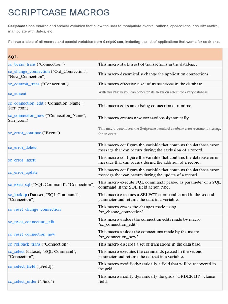 Scriptcase macros and variables guide | PDF | Database Transaction | Sql