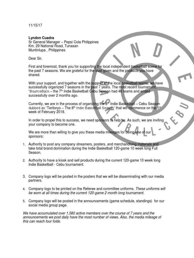 Indie Sponsorship Letter - Pepsi Cola | PDF | Sports | Leisure