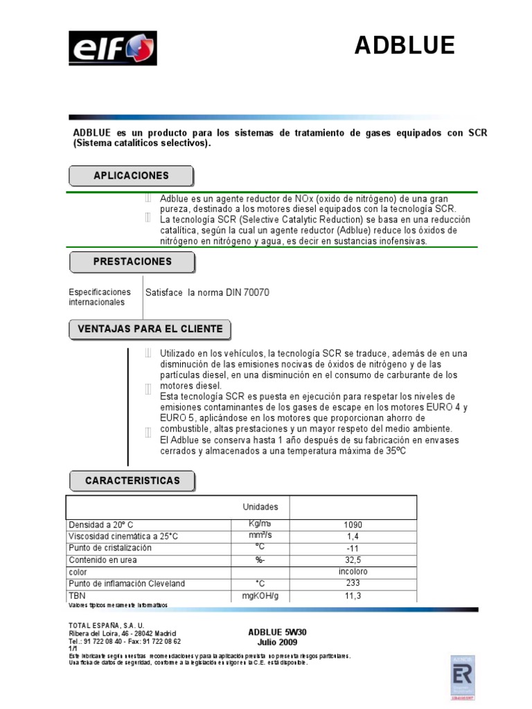 Ficha Técnica de AdBlue y SCR | PDF | Ingeniería de Procesos Químicos | Química