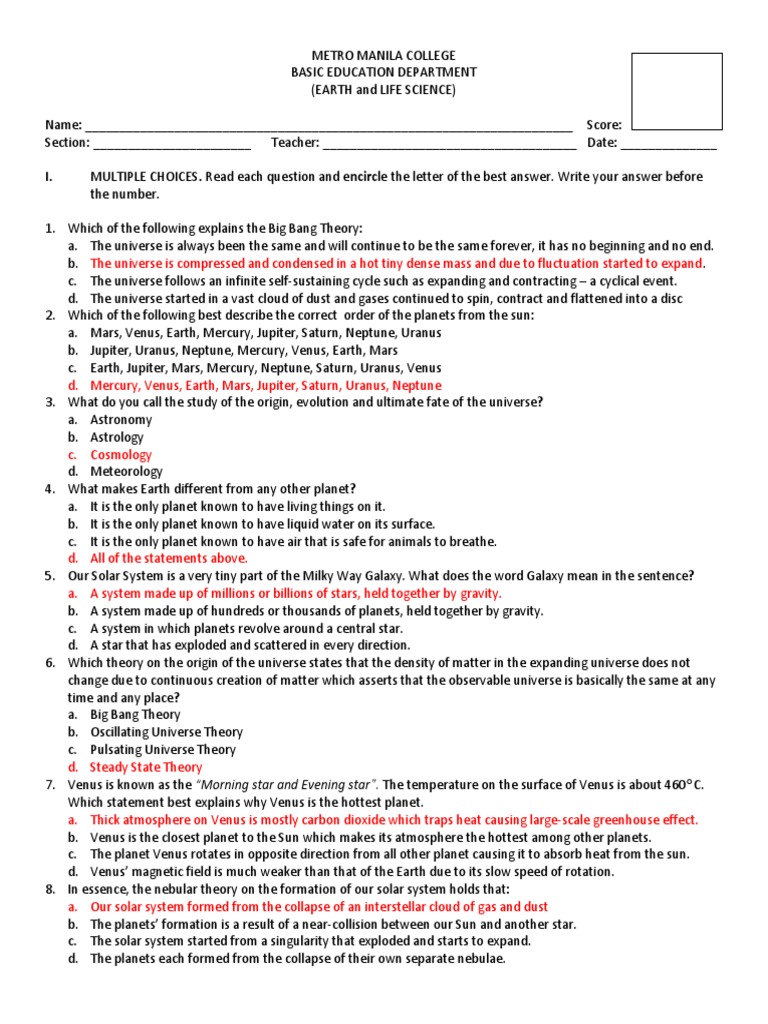 Quiz 1 Universe and The Solar System PDF | PDF | Planets | Solar System