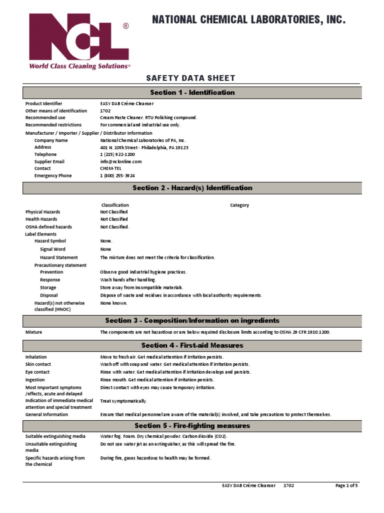 Safety Data Sheet for EASY DAB Crème Cleanser Cream Paste Cleaner | PDF ...