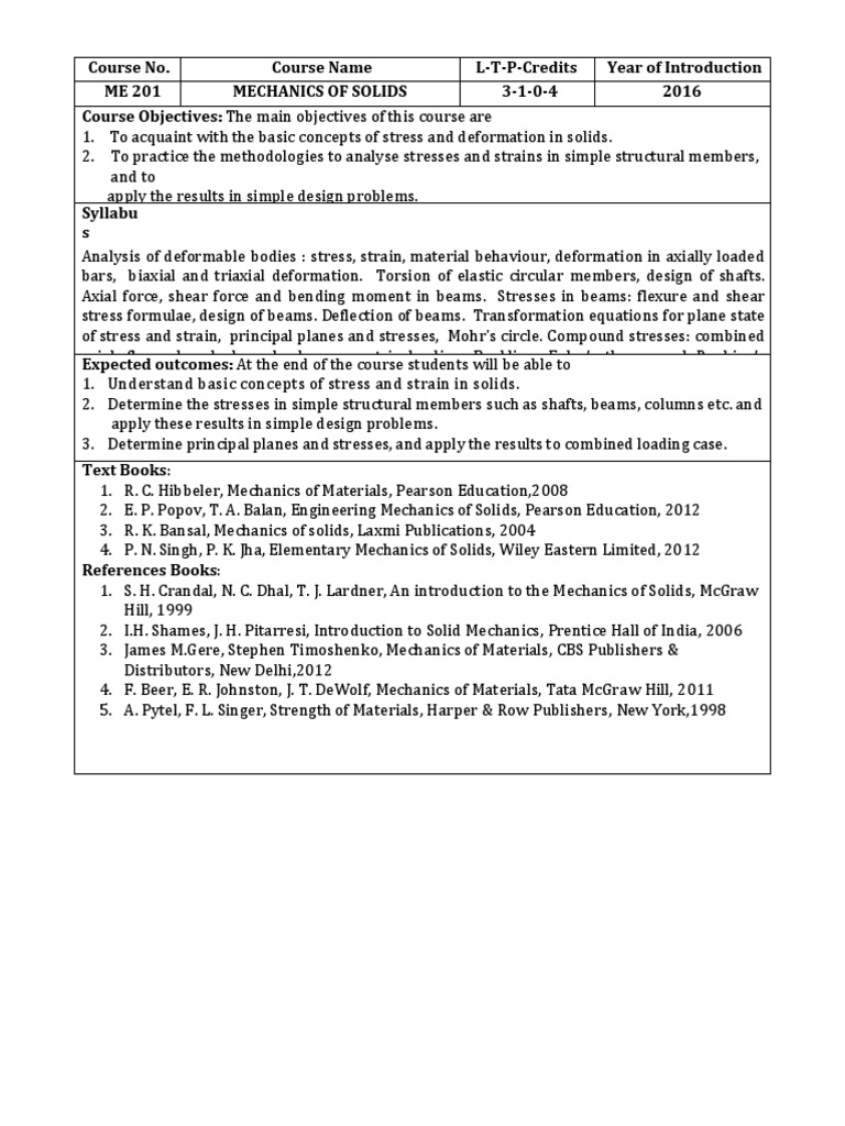 ME 201 Mechanics of Solids | PDF | Bending | Stress (Mechanics)