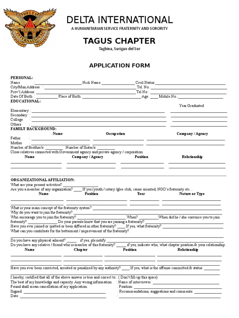 DELTA - Application Form | PDF | Fraternities And Sororities