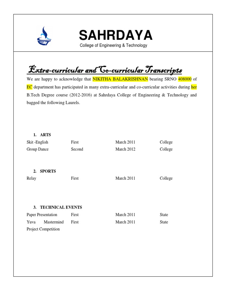 Sahrdaya: Extra-Curricular and Co-Curricular Transcripts | PDF ...