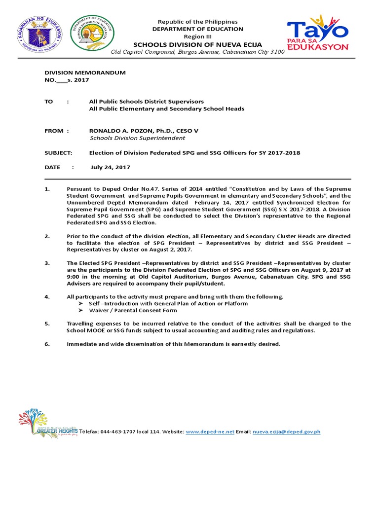 Division Federated SPG and SSG Election For SY 2017-2018 - Post | PDF ...