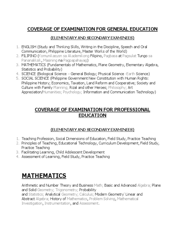 Mathematics: Coverage of Examination For General Education | PDF