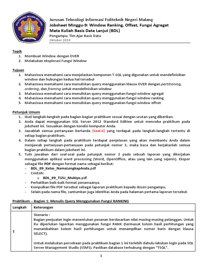 Jobsheet Week 09 - Window Ranking, Offset, Aggregatee | PDF