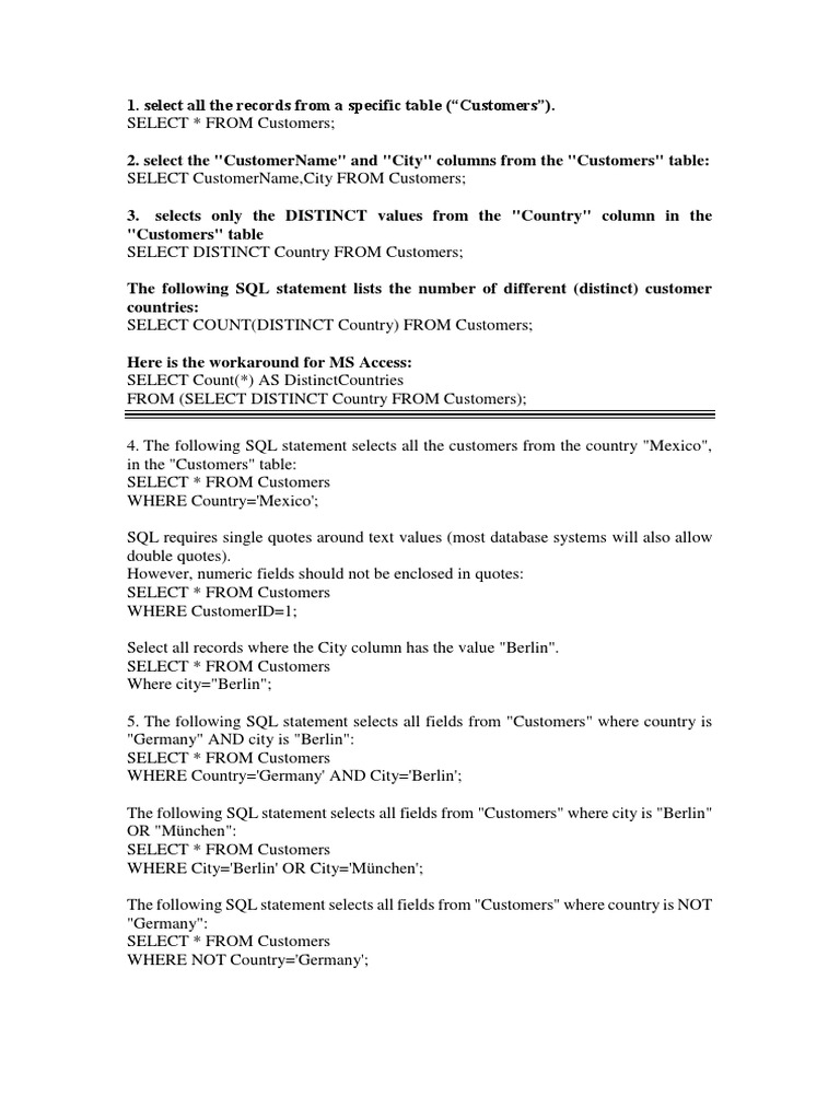 SQL SELECT statement examples and explanations | PDF | Sql | Data ...