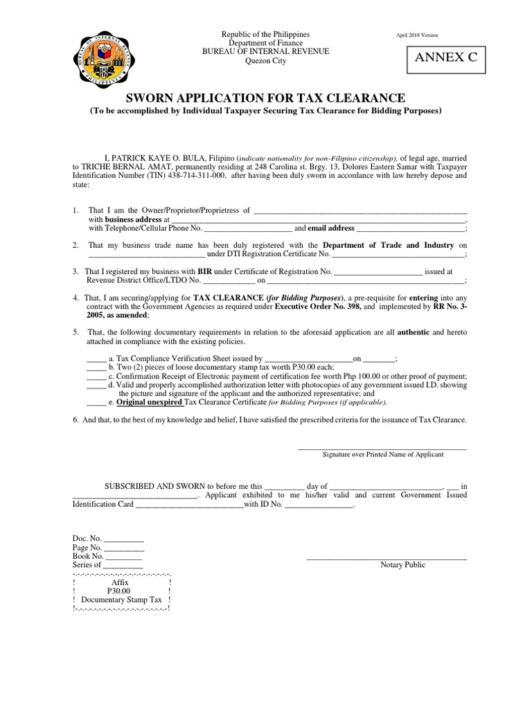 Sworn Application For Tax Clearance: Annex C | PDF | Identity Document | Taxes