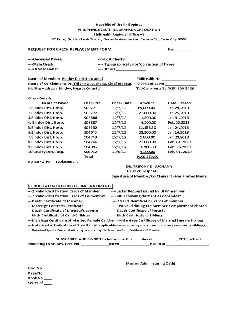 Request For Check Replacement Form: Dr. Trifony D. Luchana | PDF ...