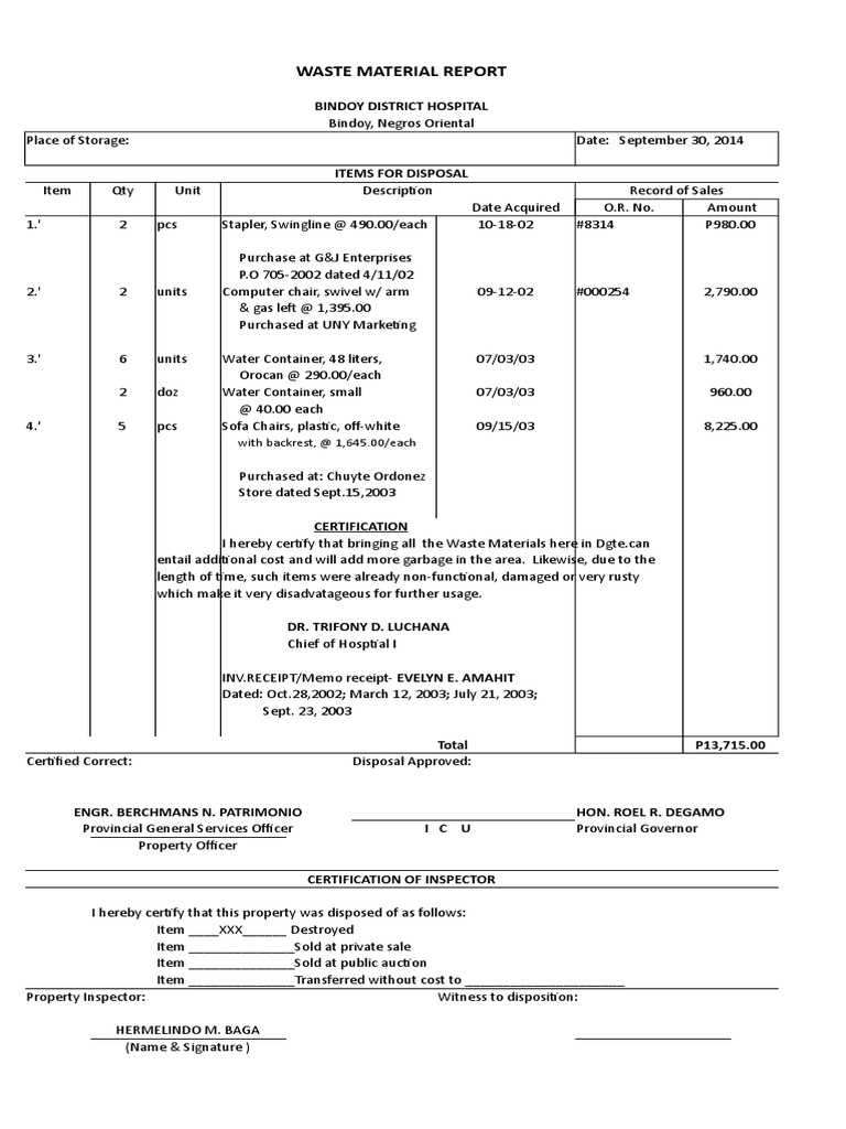 Waste Material Report: Bindoy District Hospital | PDF | Business