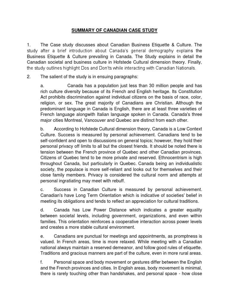 Summary of Canadian Case Study | PDF | Canada | Etiquette
