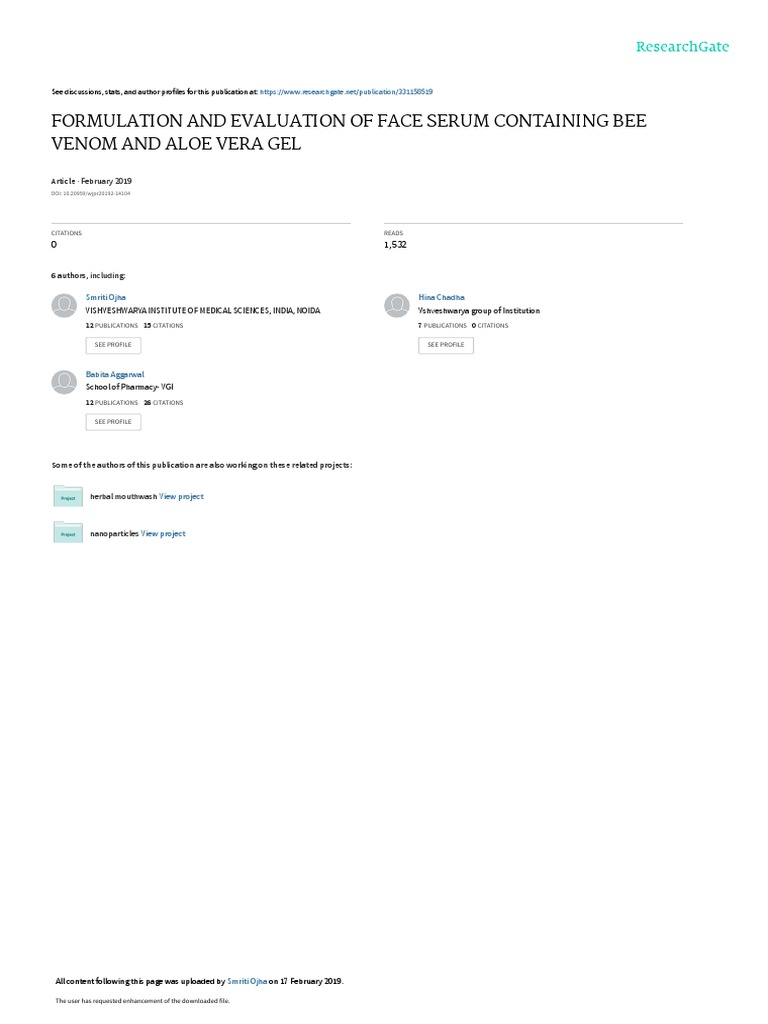 Formulation and evaluation of face serum containing bee venom and aloe ...