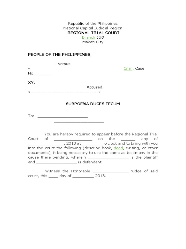 Subpoena Duces Tecum Template Philippines | PDF