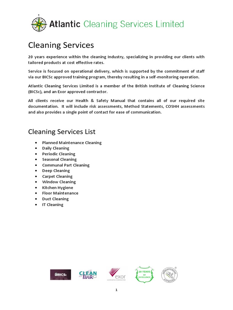 Cleaning Services List | PDF | Occupational Safety And Health | Safety
