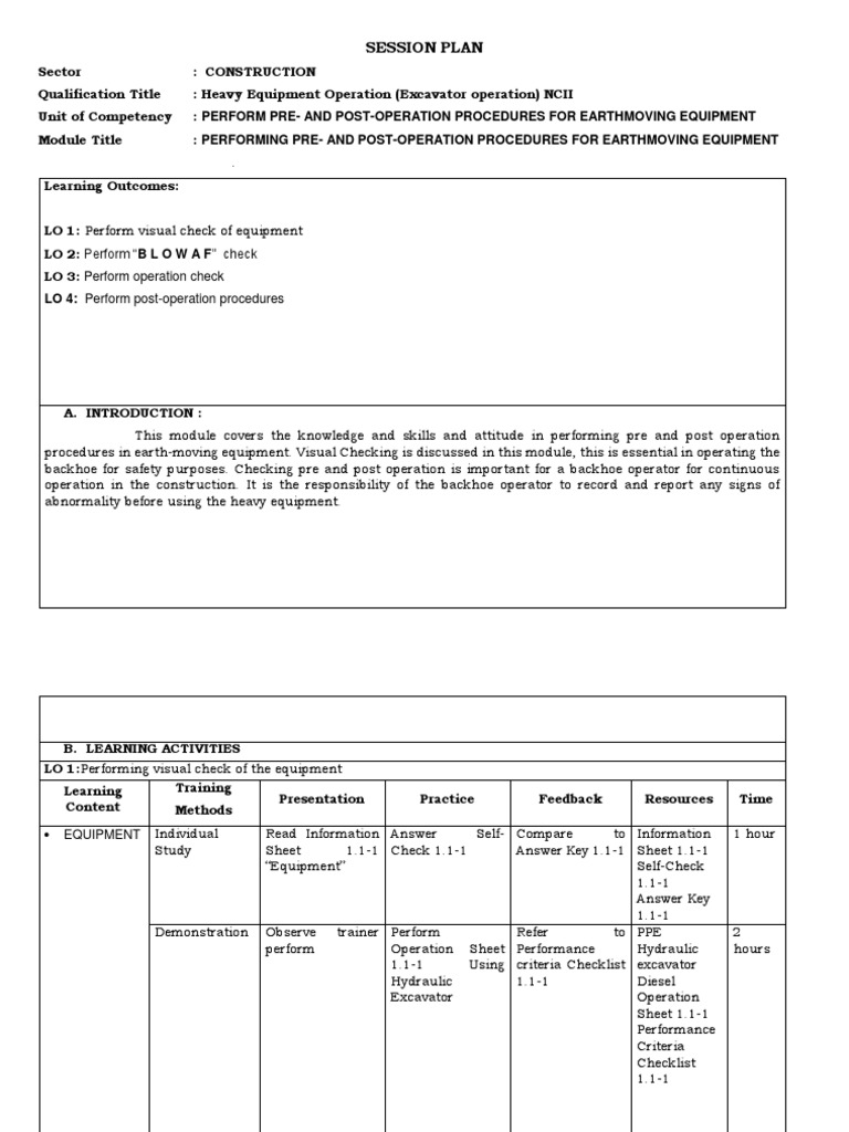 SESSION PLAN Sample | Download Free PDF | Heavy Equipment | Learning