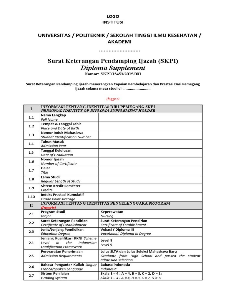 Surat Keterangan Pendamping Ijazah (SKPI) Diploma Supplement | PDF
