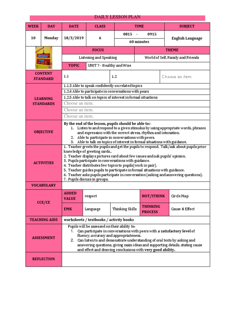 Choose An Item. Choose An Item. Choose An Item.: Daily Lesson Plan ...