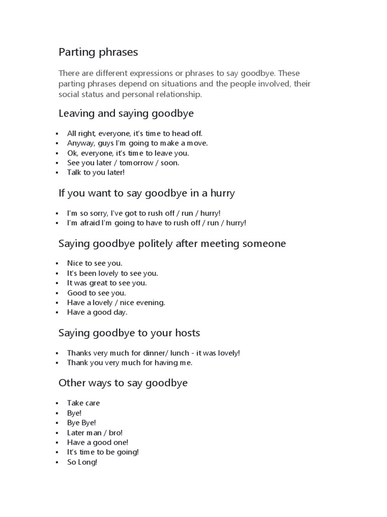 Parting Phrases: Leaving and Saying Goodbye | PDF