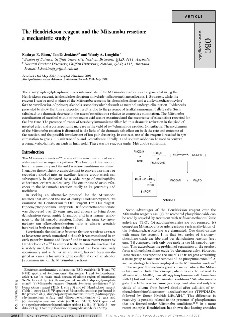 The Hendrickson and The Mitsunobu Reaction | PDF | Ester | Chemical ...