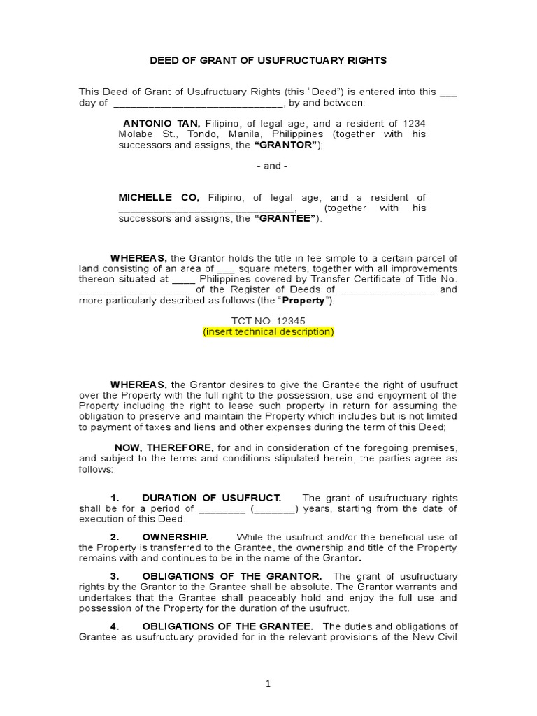 Deed of Donation with Assignment of Usufructuary Rights.doc | Deed ...