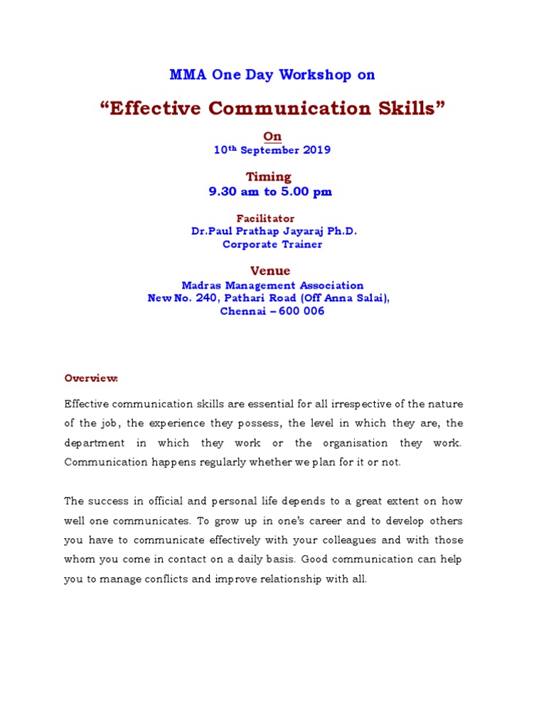 "Effective Communication Skills": MMA One Day Workshop On | PDF ...