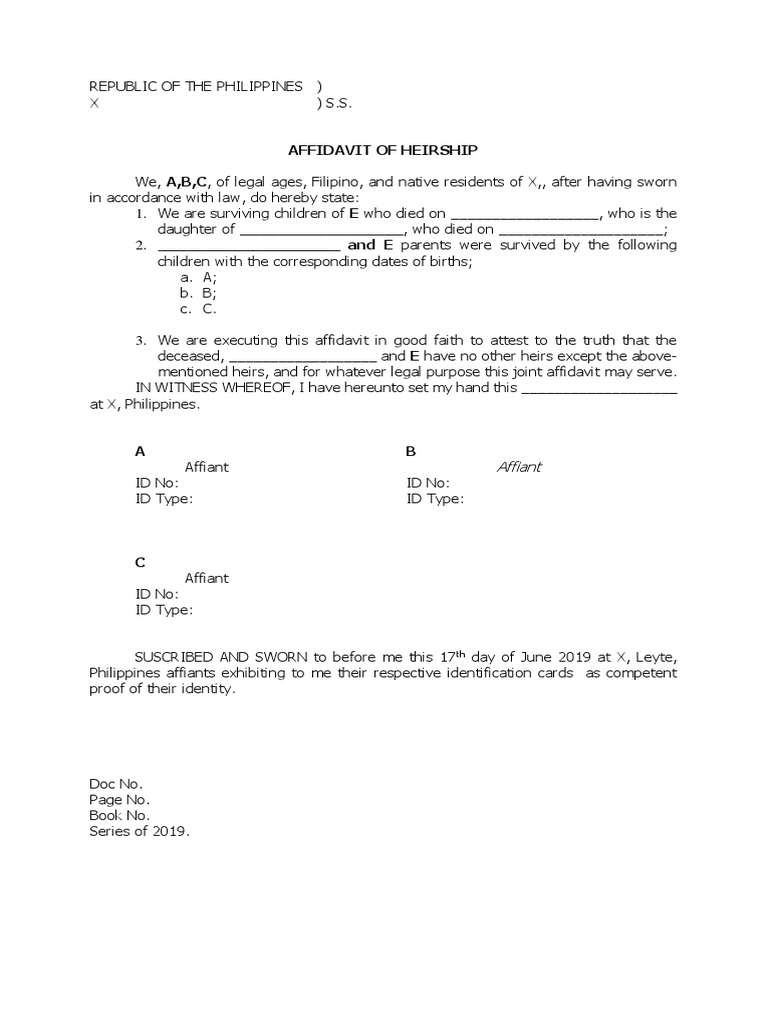 Affidavit of Heirship Template Philippines | PDF