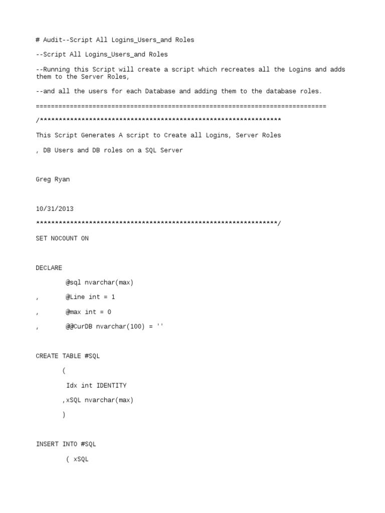 Audit - Script All Logins - Users - and Roles | PDF | Databases | Data ...
