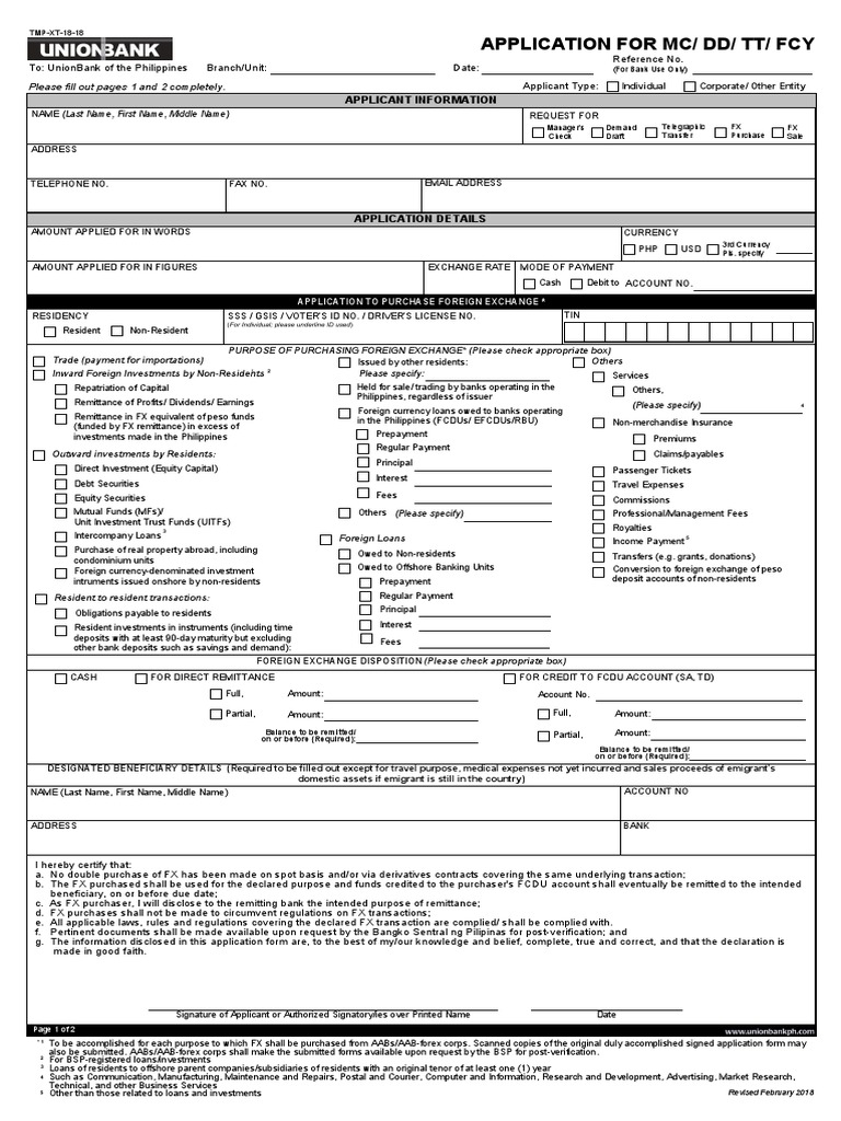 Application For MC DD TT FCY 03062018 Unionbank | PDF | Deposit Account ...