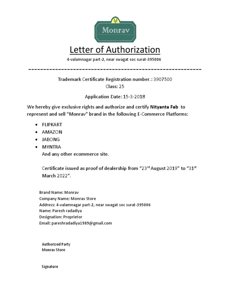 Letter of Authorization | PDF