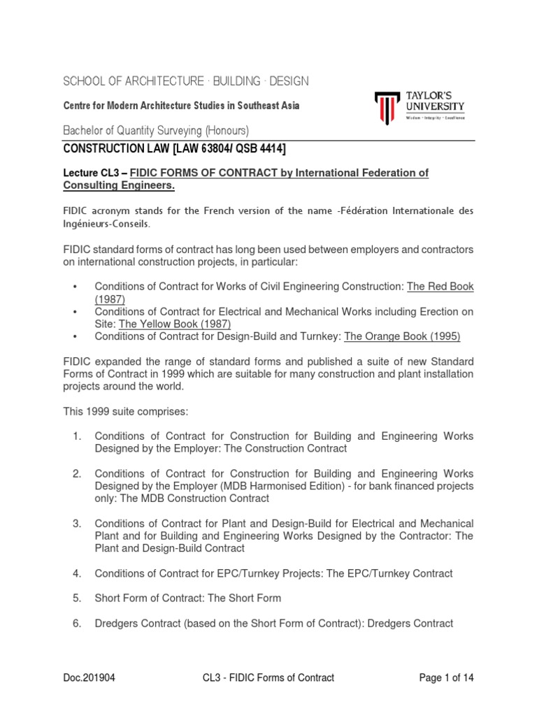 Fidic Form Contract Lecture Note | PDF | Indemnity | Employment