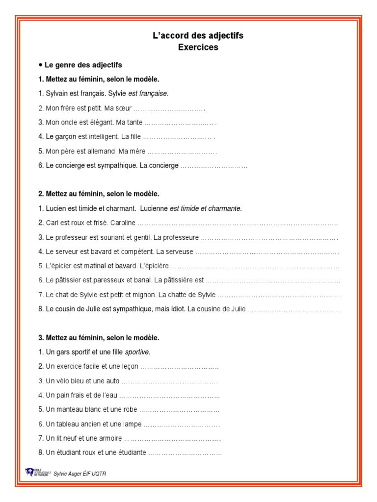 Le Genre Et Le Pluriel Des Adjectifs Exercices Et Corrige PDF | PDF ...