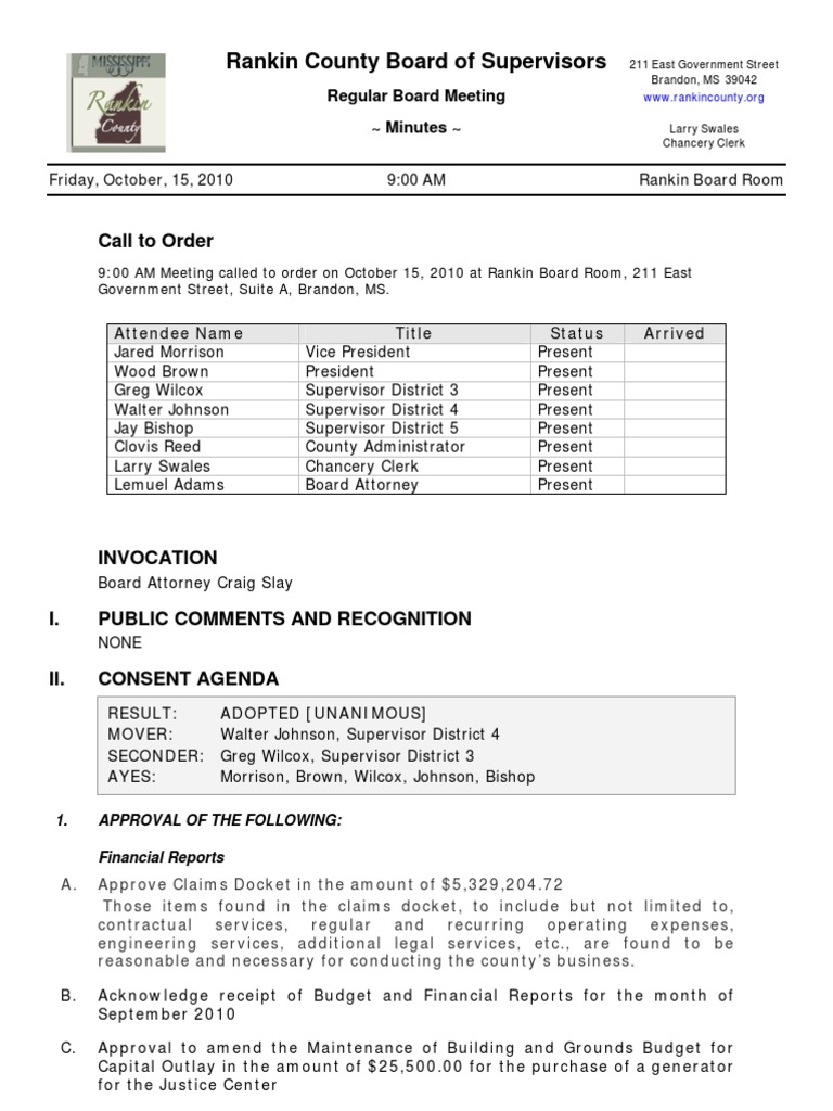Rankin County Board Meeting Minutes 2010 | PDF | Insurance | Government