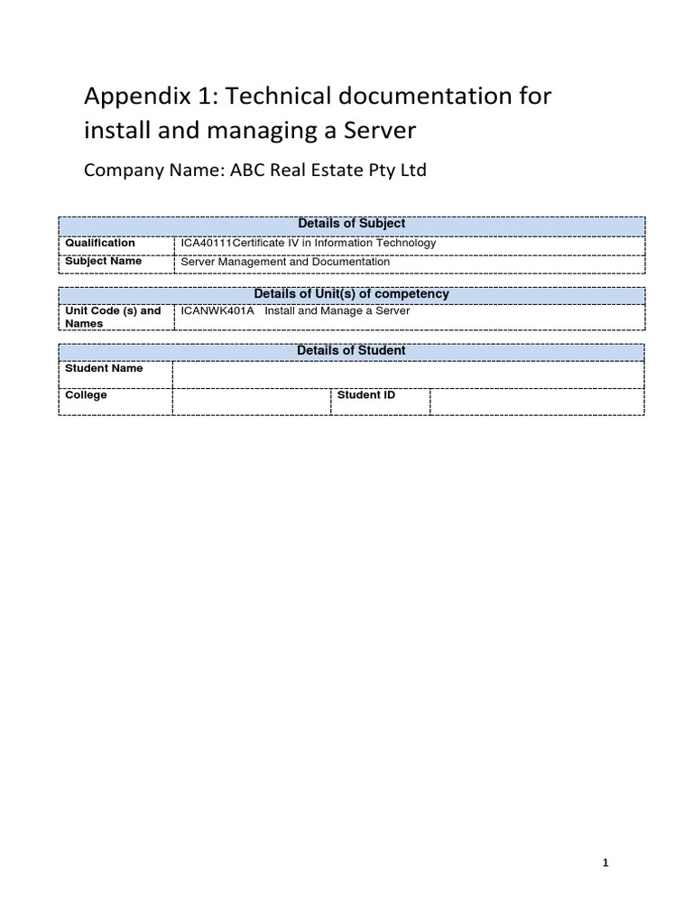 Appendix 1: Technical Documentation For Install and Managing A Server ...