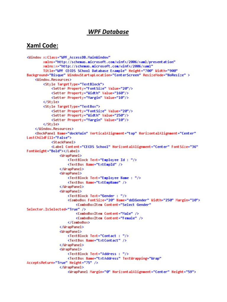 Xaml Code:: WPF Database | PDF | Extensible Application Markup Language | Areas Of Computer Science