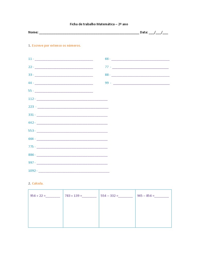 Ficha de Trabalho Numeros Ordinais | PDF