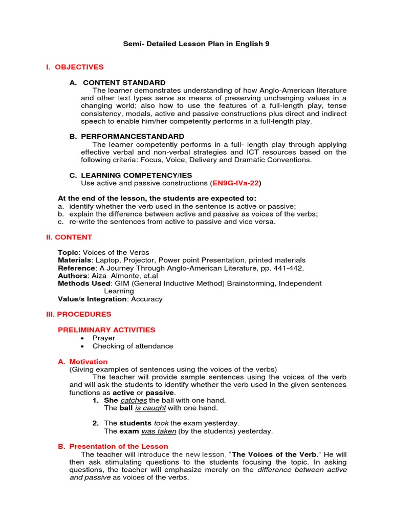 Semi-Detailed Lesson Plan in Eng 9 | Download Free PDF | Lesson Plan | Verb