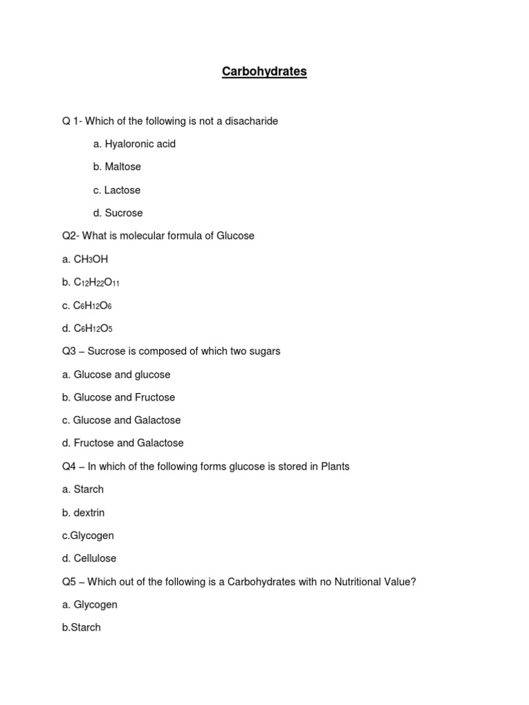 Carbohydrates MCQs | PDF | Carbohydrates | Glucose