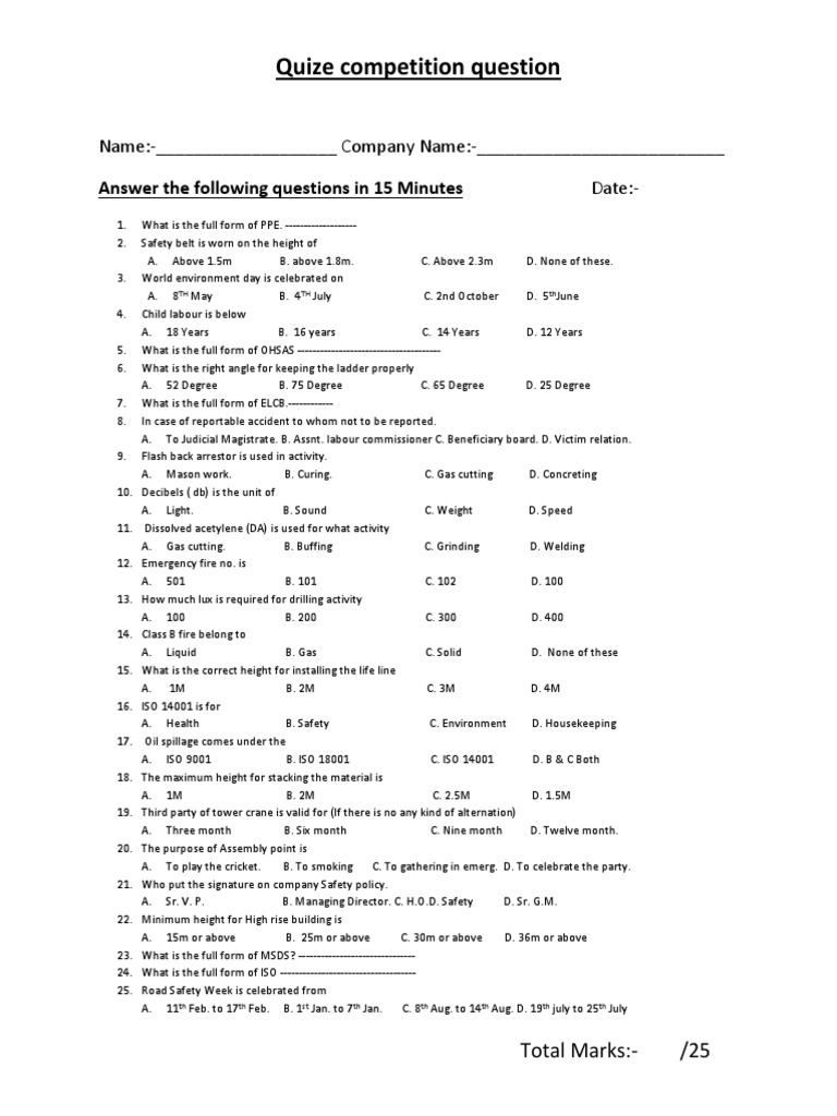 A Safety Quiz for Employees Covering Key Areas Such as PPE, Fire Safety ...