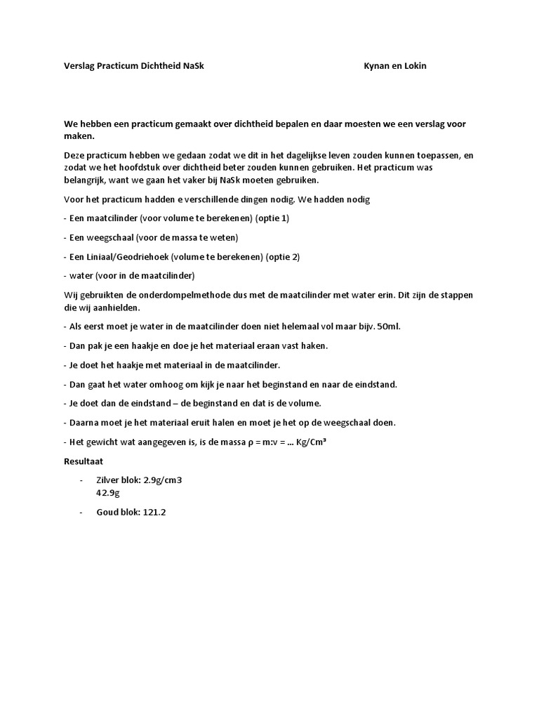 Verslag Practicum Dichtheid NaSk | PDF