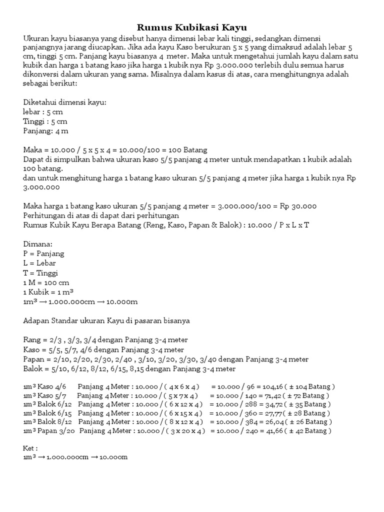 Rumus Kubikasi Kayu | PDF | Metode & Bahan Ajar | Griya & Taman