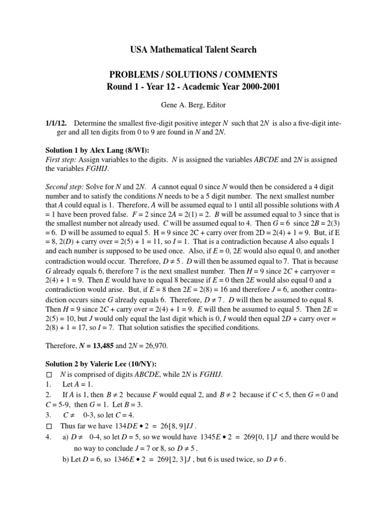 USA Mathematical Talent Search | PDF | Exponentiation | Elementary ...