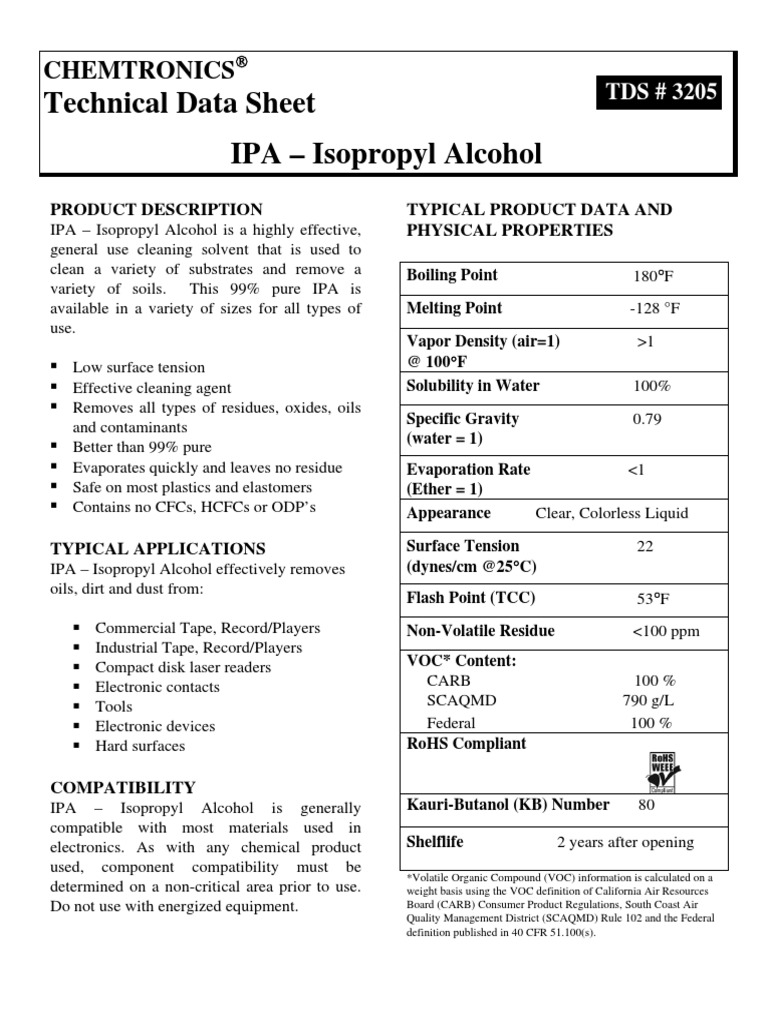 Technical Data Sheet IPA - Isopropyl Alcohol: Chemtronics | PDF ...
